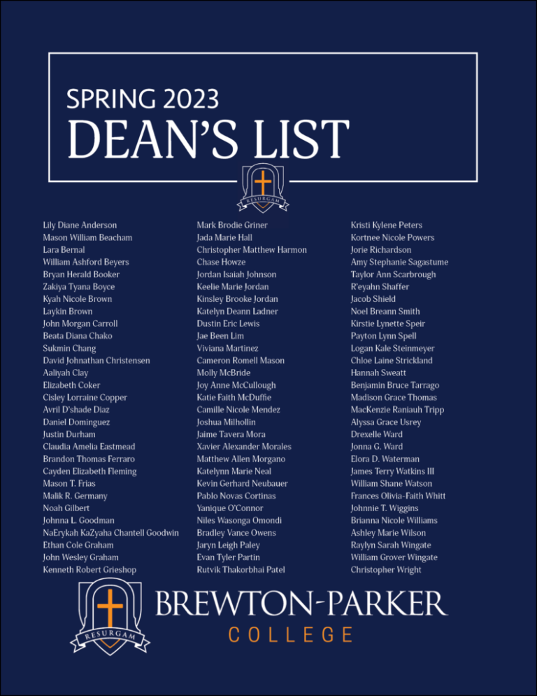Spring 2023 Dean’s List - Brewton-Parker Christian University